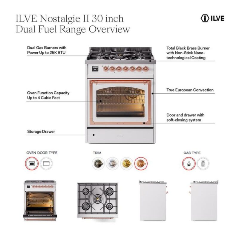 ILVE UP30NMPWHG Nostalgie II 30 inch Dual Fuel Range with 5 Burners ...