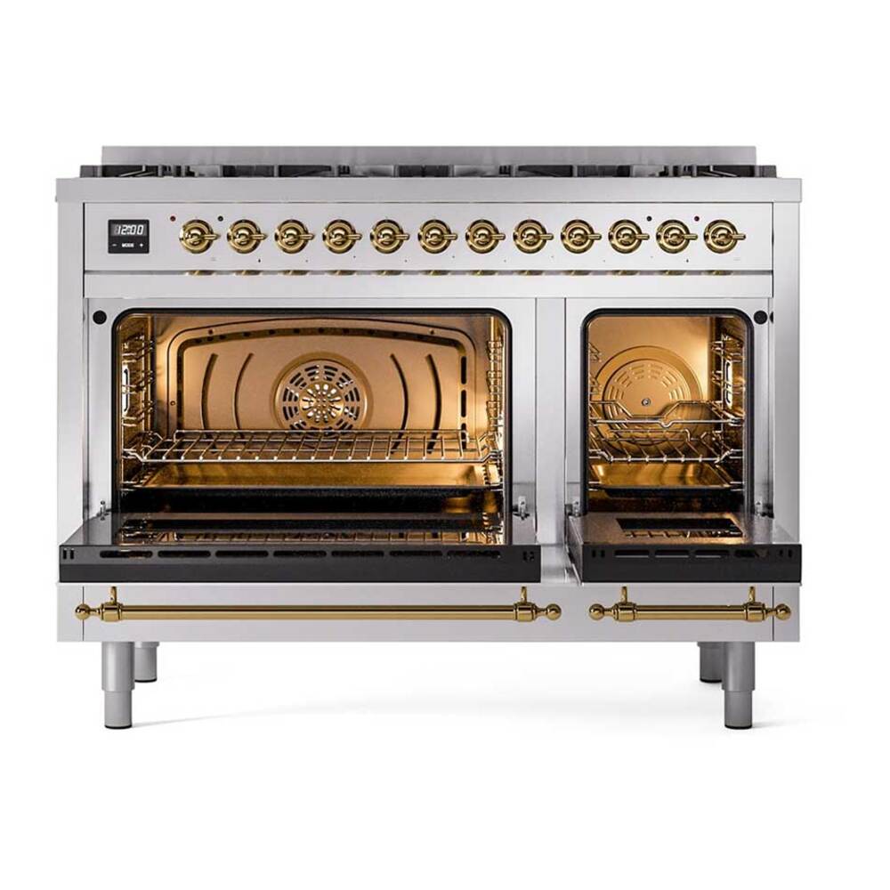 ILVE UP488NMPSSG Nostalgie II 48 inch Dual Fuel Range with 8 Total Black Brass Sealed Burners ...