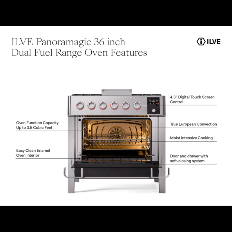ILVE UPM09FDS3SS Panoramagic 36 inch Dual Fuel Range with 6 Burners and ...